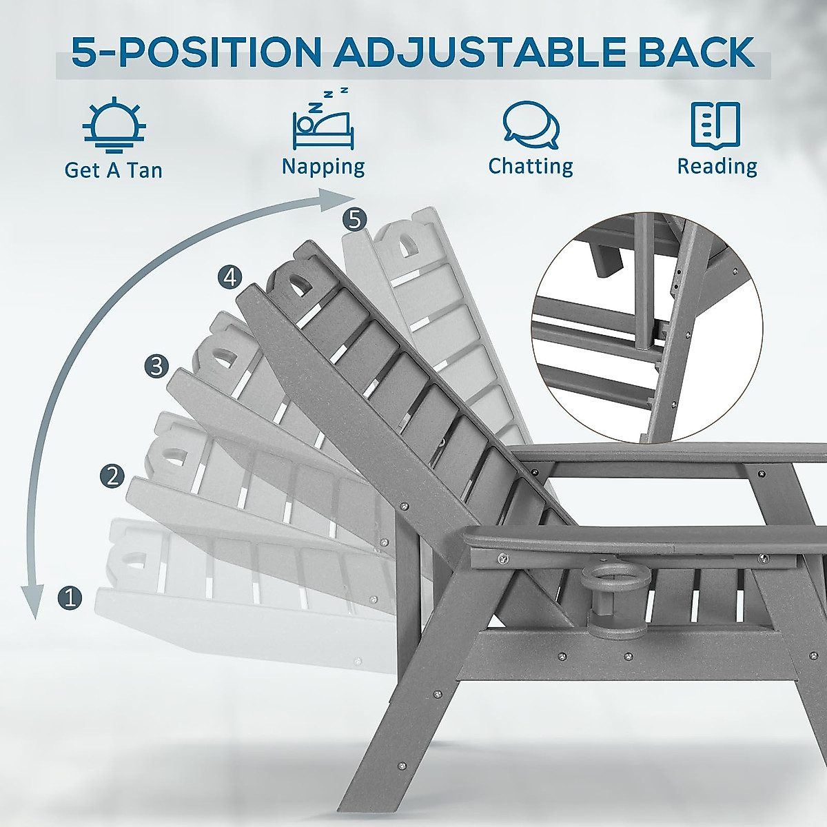 nalone Chaise Lounge Set of 2 Outdoor with 5-Position Adjustable Backrest, HDPE Lounge Chair for Outside Supports Up to 400 LBS, Pool Lounge Chairs for Patio Poolside Deck Beach Backyard (Grey)