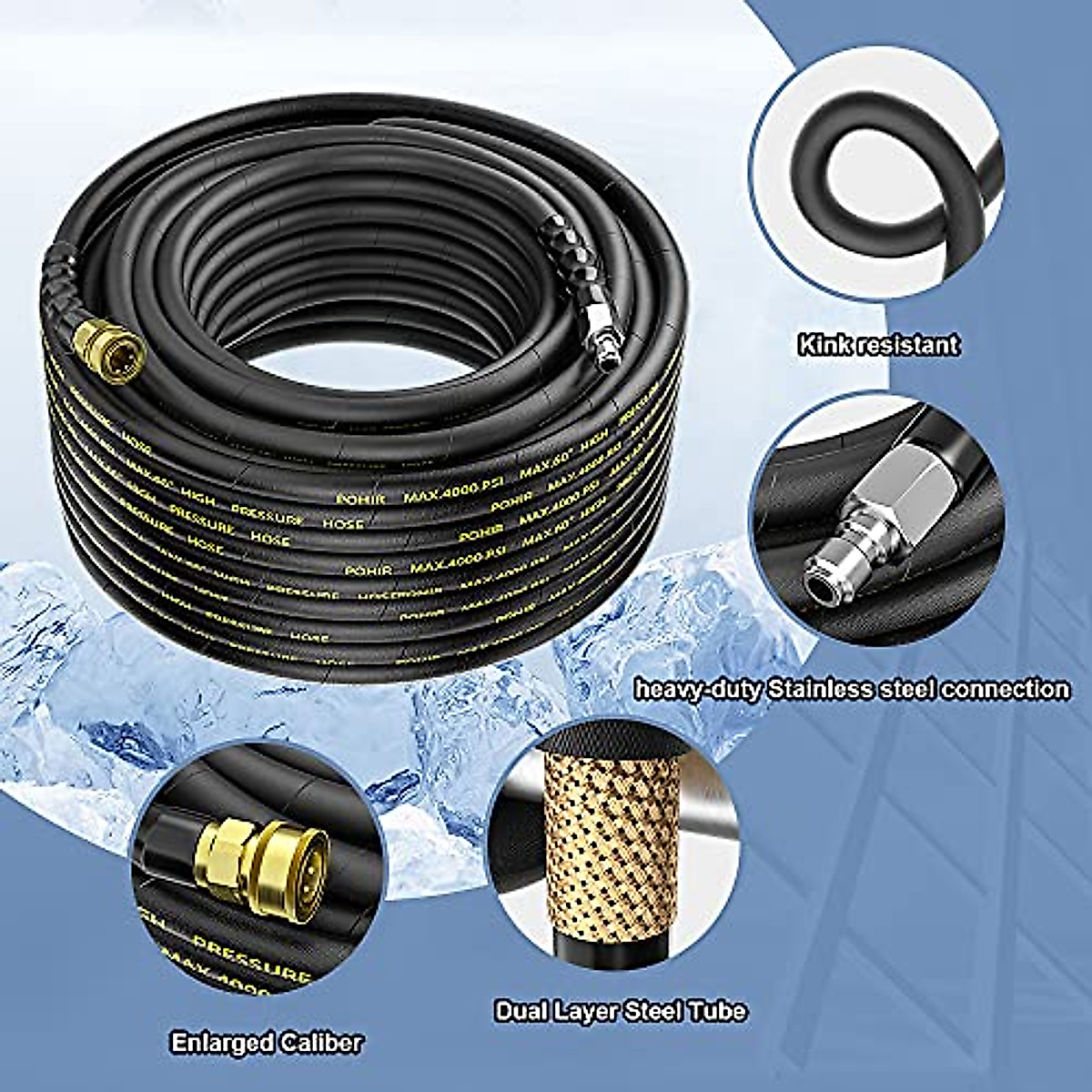 POHIR Pressure Washer Hose 50 ft with 3/8 Inch Quick Connect, Kink Resistant High Tensile Wire Braided,with 2 pcs M22 14mm Adapter Set, 4200 PSI Power Washer Hose