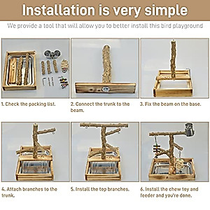 LIMIO Natural Wood Bird Toys Playground, Bird Cage Accessories, Bird Perches, with Removable Tray and 2 Stainless Steel Cups