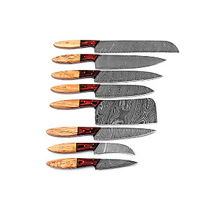 Best knife Handmade Professional Kitchen Damascus Knife Set, 8pcs Best Damascus Steel Chef Kitchen Knif set With Storage Roll Case Bag, High Carbon Japanese style BBQ Butcher Knives Set