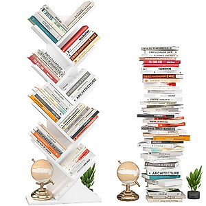 Topfurny Tree Bookshelf, 9-Tier Shelf Rustic Brown Bookcase, Retro Wood Storage Rack for CDs/Movies/Books, Anti-Fall Utility Organizer Shelves for Living Room, Bedroom, Home Office, White Oak