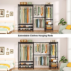 Ulif E11 Heavy-Duty Garment Rack, Metal Freestanding Clothes Rack and Closet Storage Organizer System with 8 Shelves and 4 Hanger Rods, (73.2 - 97.6)"W x 14.5"D x 71.2"H, Load 962 LBS, Black