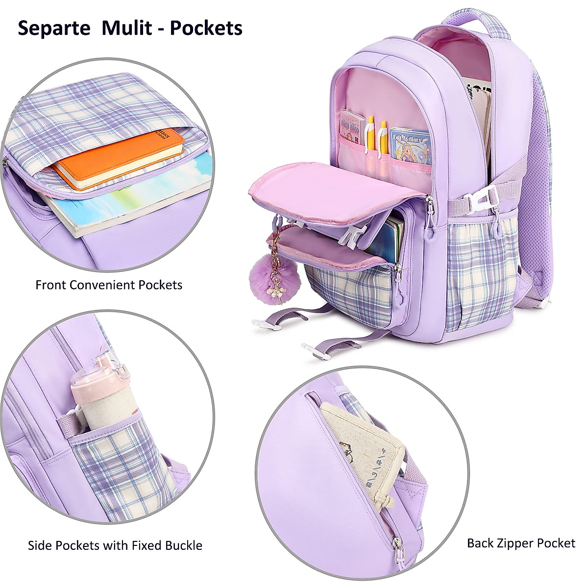 AO ALI VICTORY Girls Backpack 15.6 Inch Laptop School Bag Cute Kids Elementary College Backpacks Large Bookbags for Teen Girl Women Students Anti Theft Travel Daypack - Purple