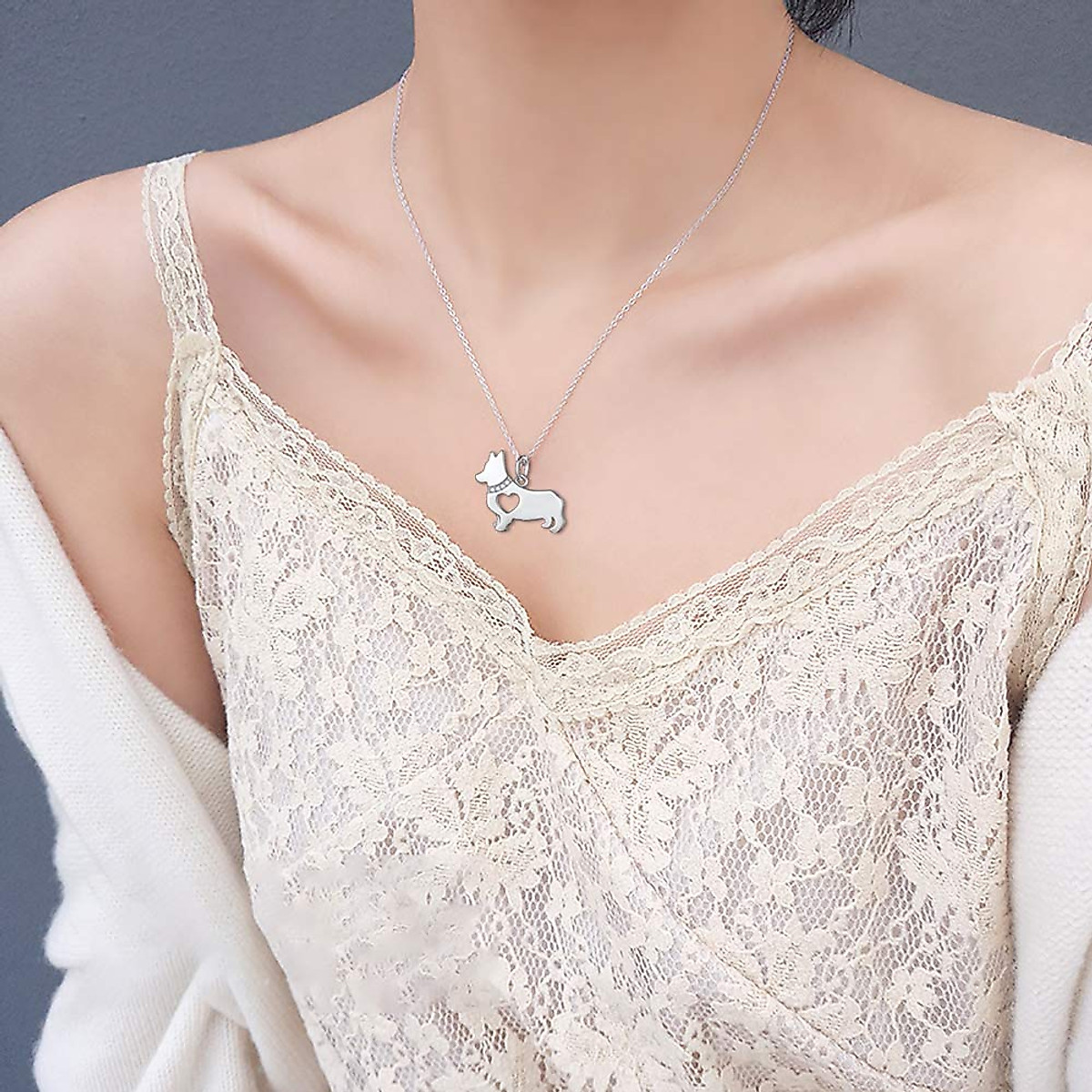 FLYOW 925 Sterling Silver Hollow Heart Corgi Dog Pendant Necklace Jewelry for Women Corgi Lover Gifts,18" (Corgi Necklace)