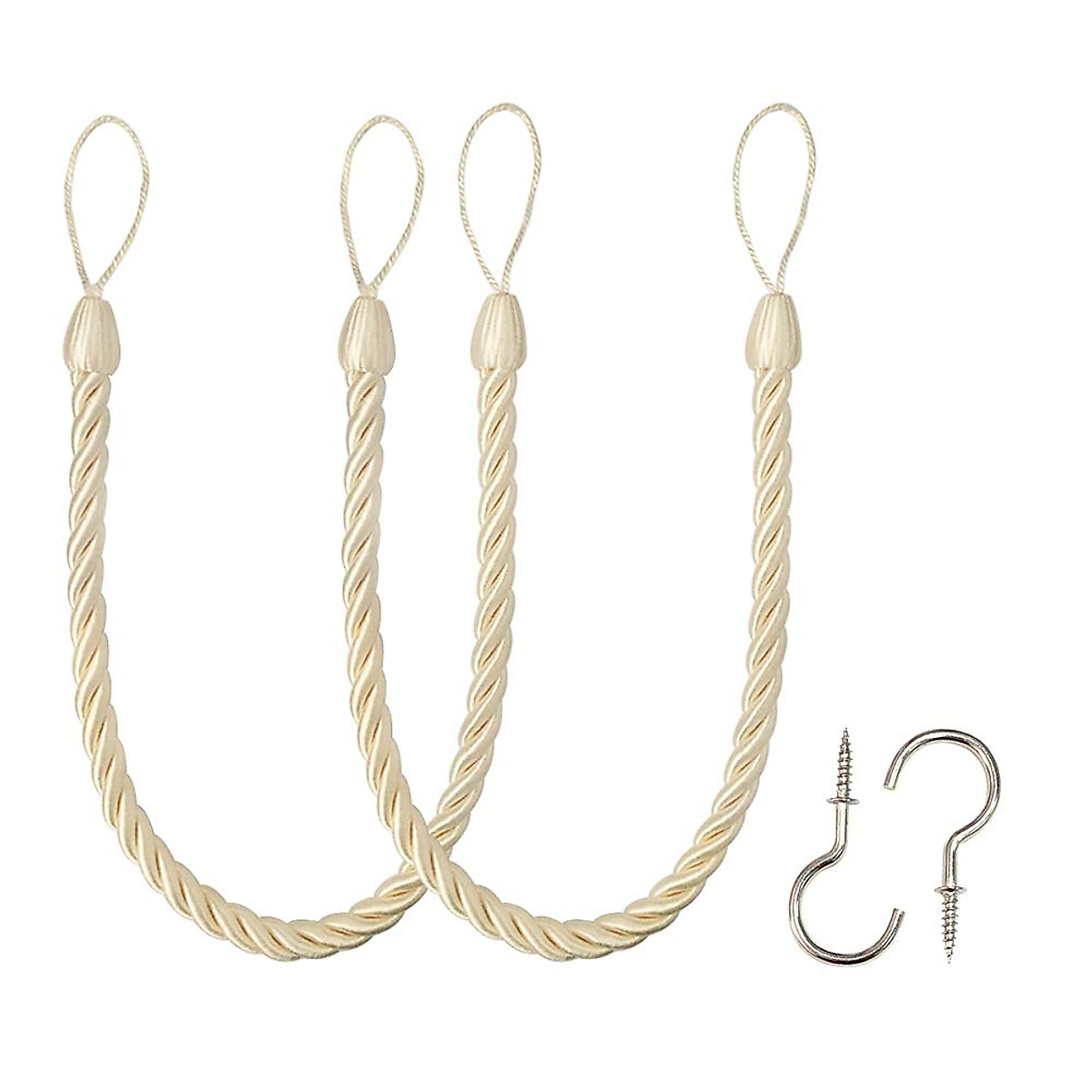 BEL AVENIR Curtain Ropes Tiebacks Tie-Backs, Curtain Handmade Holdbacks with 2 Metal Screw Hooks (Beige, 2pack)