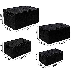 KEDSUM Woven Storage Baskets Boxes Bins, Storage Baskets with Lids, Woven Strap Baskets, Nylon Woven Storage Baskets Bin, Built-in Carry Handles (Black Set of 4)