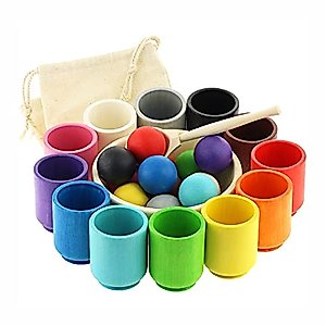 Ulanik Balls in Cups Large Montessori Toy Wooden Sorter Game 12 Balls 35 mm Age 1+ Color Sorting and Counting Preschool Learning Education