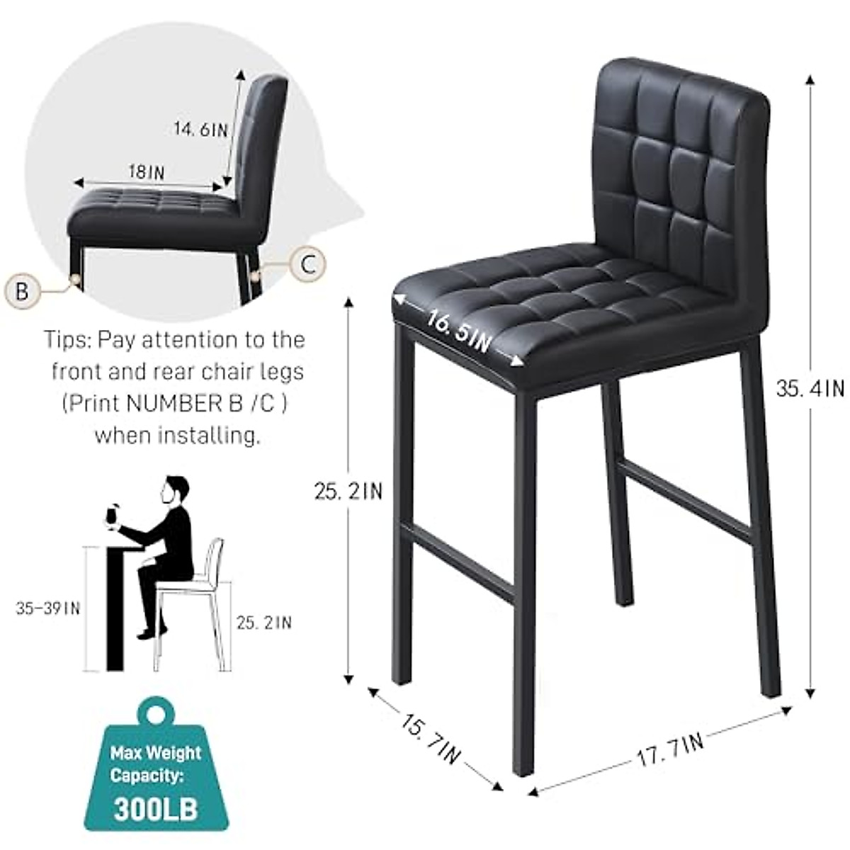 E&D FURNITURE Bar Stools 26 INCH Set of 2 with Back, Metal Legs PU Leather Barstool Mid-Century Modern Upholstered Counter Height Stool for Kitchen Island Counter, Black 2PCS