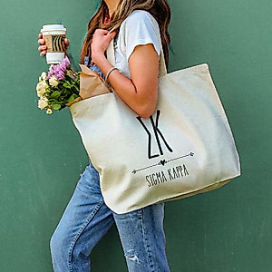 Greek Letters and Stylized Sigma Kappa Printed with Heart Design - Large Canvas Tote Bag for Women - Tote Bags for Sorority