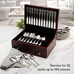 Wallace Felt Lined Flatware Storage Chest with Drawer, 15 Inch, Dark Walnut