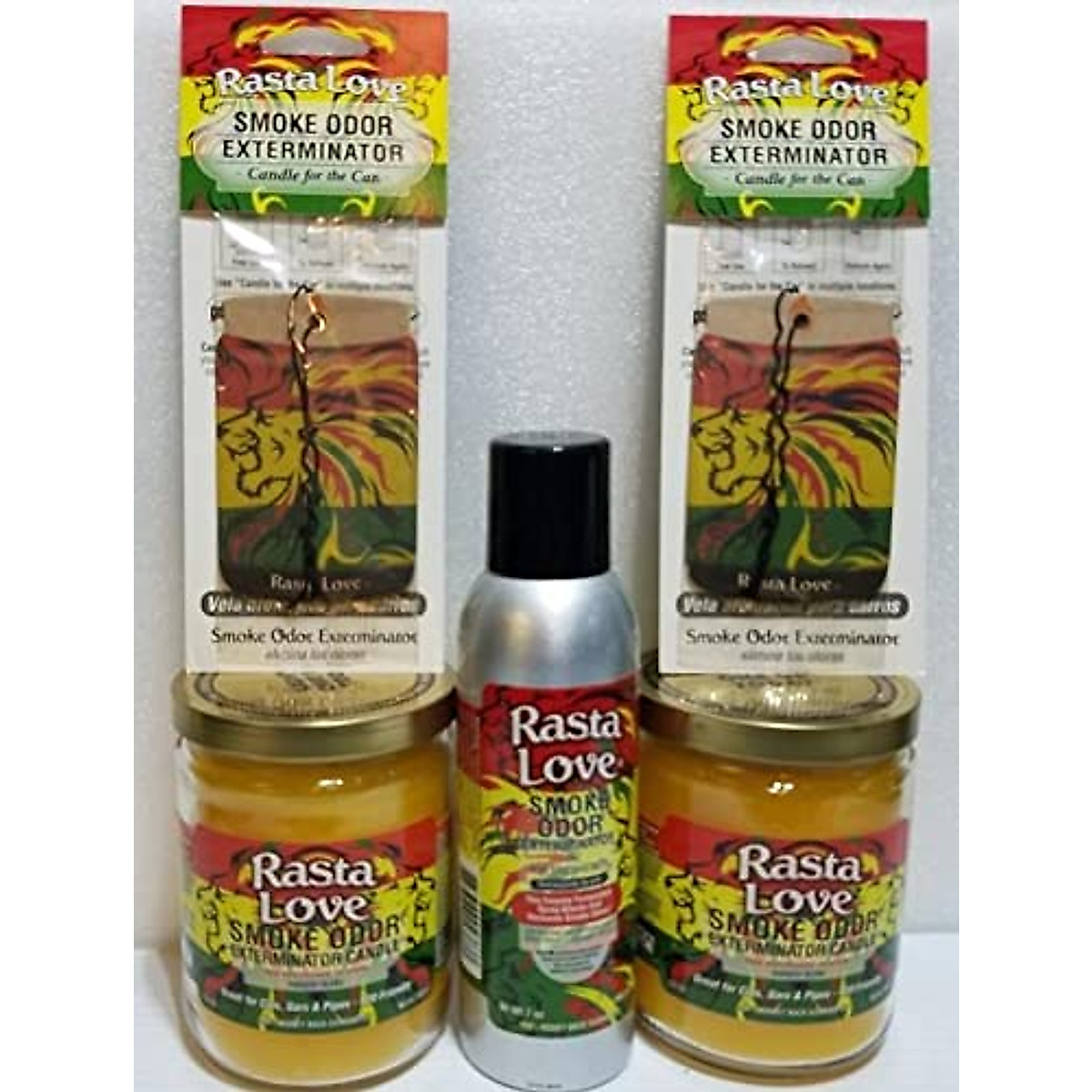 Smoke odor Exterminator Rasta Love, Includes Two 13 oz Jar Candle One 7 oz Spray & Two Car Hangers All in One Bundle