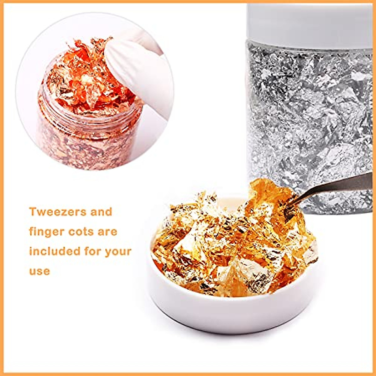 Crushed Glass and Gold Foil Flakes for Resin, 6 Box Irregular Glitter Metallic Flakes and Metallic Chips with Tweezers for DIY Resin Geode Craft and Nail Art Decorations