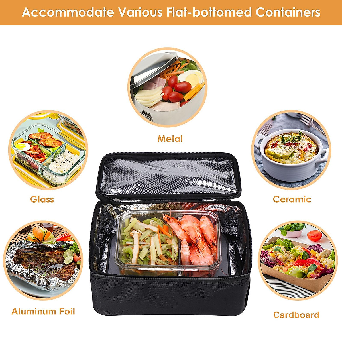 Kabbas Portable Microwave Food Warmer, 80W Fast Heating Personal Mini Portable Oven Electric Lunch Box, 12V/24V/110V Heated Lunch Box for Reheating and Cooking Food in Car Truck Work Camping