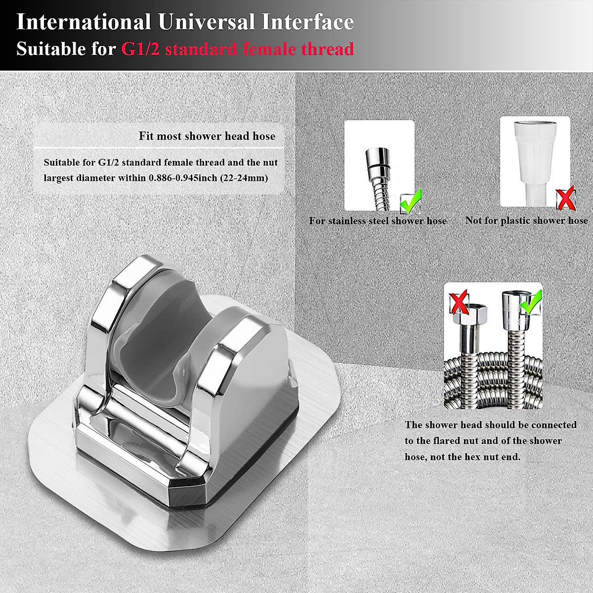 Shower Head Holder Adhesive Adjustable Handheld Shower Wand Holder No Drilling Wall Mount Bracket (Silver) (Shower Head Holder)