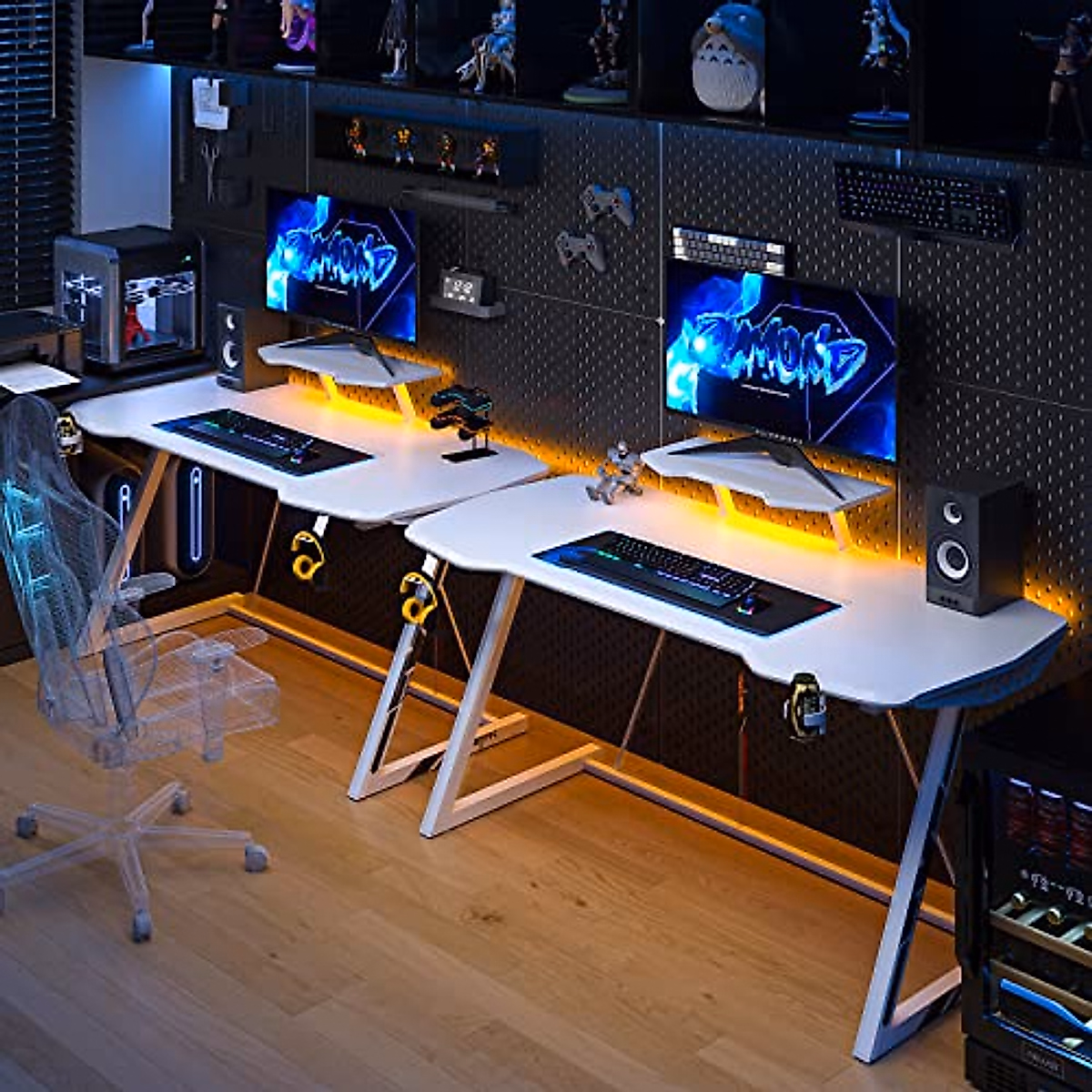 MOTPK White Gaming Desk with LED Lights, Gaming Table Desk 47 inch Z Shaped, Gamer Desk Ergonomic Sturdy, Kids Computer Desk with Monitor Stand Cup Holder and Headphone Hook, Black, Gift Idea