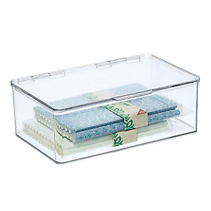 mDesign Plastic Kitchen Pantry and Fridge Storage Organizer Box Containers with Hinged Lid for Shelves or Cabinets, Holds Food, Snacks, Canned Drinks, Seasoning, Condiments - Lumiere Collection, Clear