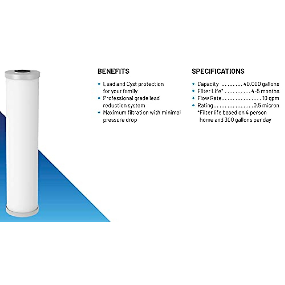Pentair OMNIFilter PB55-20 Carbon Water Filter, 20-Inch, Whole House Premium Heavy Duty Carbon Block Lead Reduction Replacement Cartridge, 20" x 4.5", 0.5 Micron