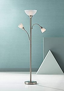 Possini Euro Design Alexei Modern Torchiere Floor Lamp Tree 3-Light Gooseneck Arm 72" Tall Brushed Nickel White Crackle Glass Pole Dimmer Living Room Reading House Bedroom Home Office