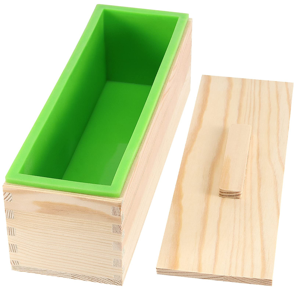 MAHIONG 3PCS 47oz Silicone Soap Molds Kit, Green Rectangular Silicone Loaf Soap Making Molds with 3 Wooden Boxes and 3 Lids, DIY Supplies for Soap Making