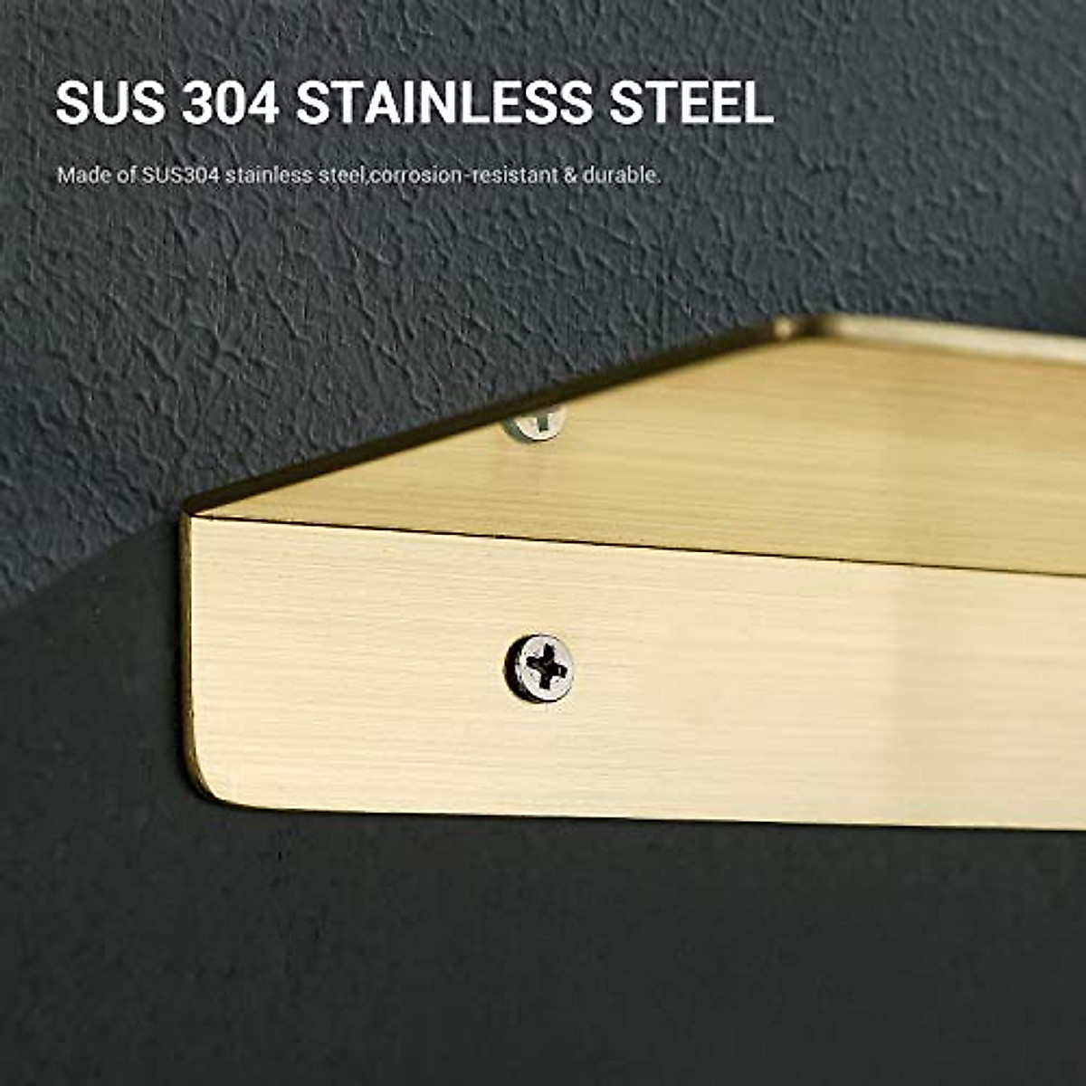 TRUSTMI Brushed Gold Floating Shelf SUS304 Stainless Steel Wall Mounted Storage Shelves (16 inch x 4 inch) for Bathroom Kitchen, Bedroom, Living Room, Heavy Duty and Rustproof, Brushed Brass