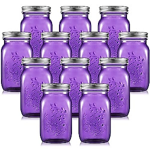 Tessco 12 Pieces 16 oz Colored Mason Jars with Lids Glass Regular Mouth Pint Canning Containers Kitchen Canisters for Food Storage, DIY Crafts, NOT Allowed Dishwasher (Purple)