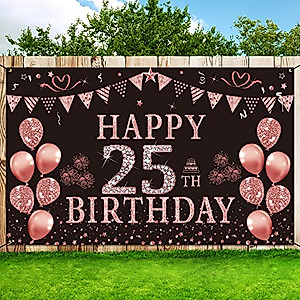 Trgowaul Happy 25th Birthday Decorations for Women, Pink Rose Gold 25 Birthday Backdrop Banner，Twenty Five Years Old Birthday Party Supply Photography Background Birthday Sign Poster Decor Gift Girls
