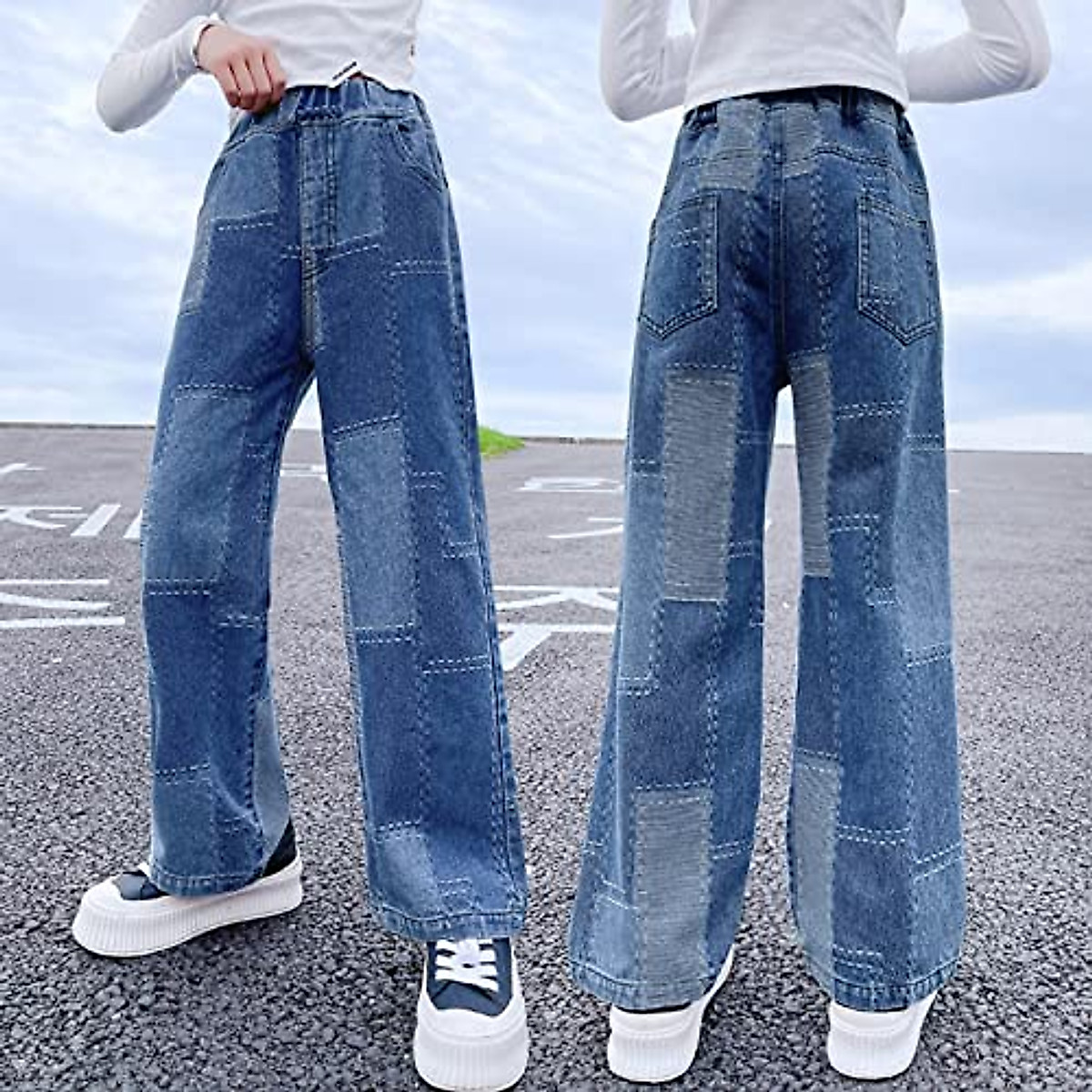 birbyrrly Girls Wide Leg Jeans Kids Baggy Elastic Waist Casual Denim Pants with Pockets Plaid Blue Tag 150-9-10 Years