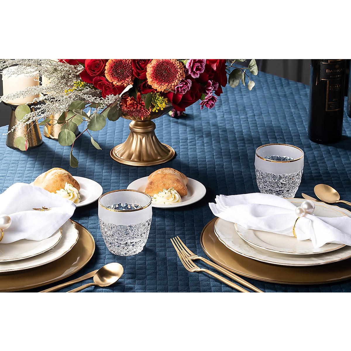 Barski - European Quality Glass - Crystal - Set of 6 - Double Old Fashioned Tumblers - DOF - each Tumbler is 12 oz. - with Frosted Crack Design and Gold Band - Glasses are Made in Europe