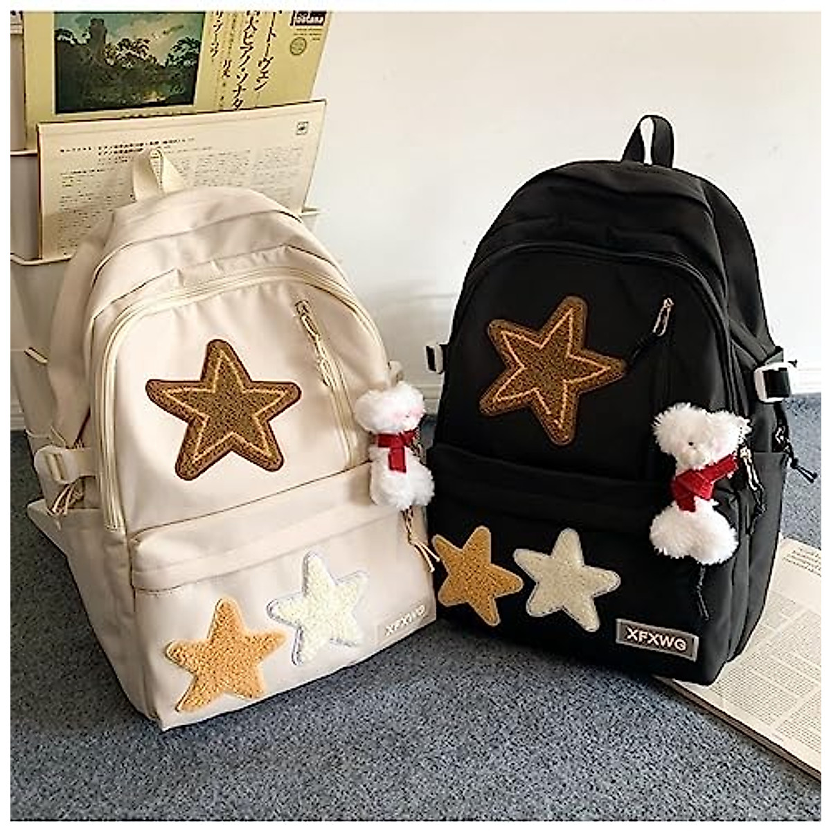 JHTPSLR Preppy Backpack Plush Stars Patchwork Preppy Backpack Y2K Aesthetic Backpack Double Layer Book Bags Backpack Supplies (Black)