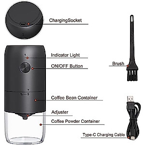 Wasailife Electric Black Coffee Grinder with Adjustable Coarseness Grind Settings and USB Charging with Cleaning Brush for Easy Cleaning, Portable Coffee Bean Grinder (black)