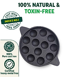 The Indus Valley Pre-Seasoned Cast Iron Paniyaram Pan (12 Pits - Twin Handle),Black