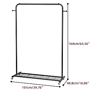 Sywhitta Clothes Rack on wheels, Clothing Rack with Bottom Mesh Storage Shelf,Sturdy Metal Frame,Rolling Garment Rack for Hanging Clothes,Coats,Skirts,39.76" L x 16" W x 64.56" H,Black