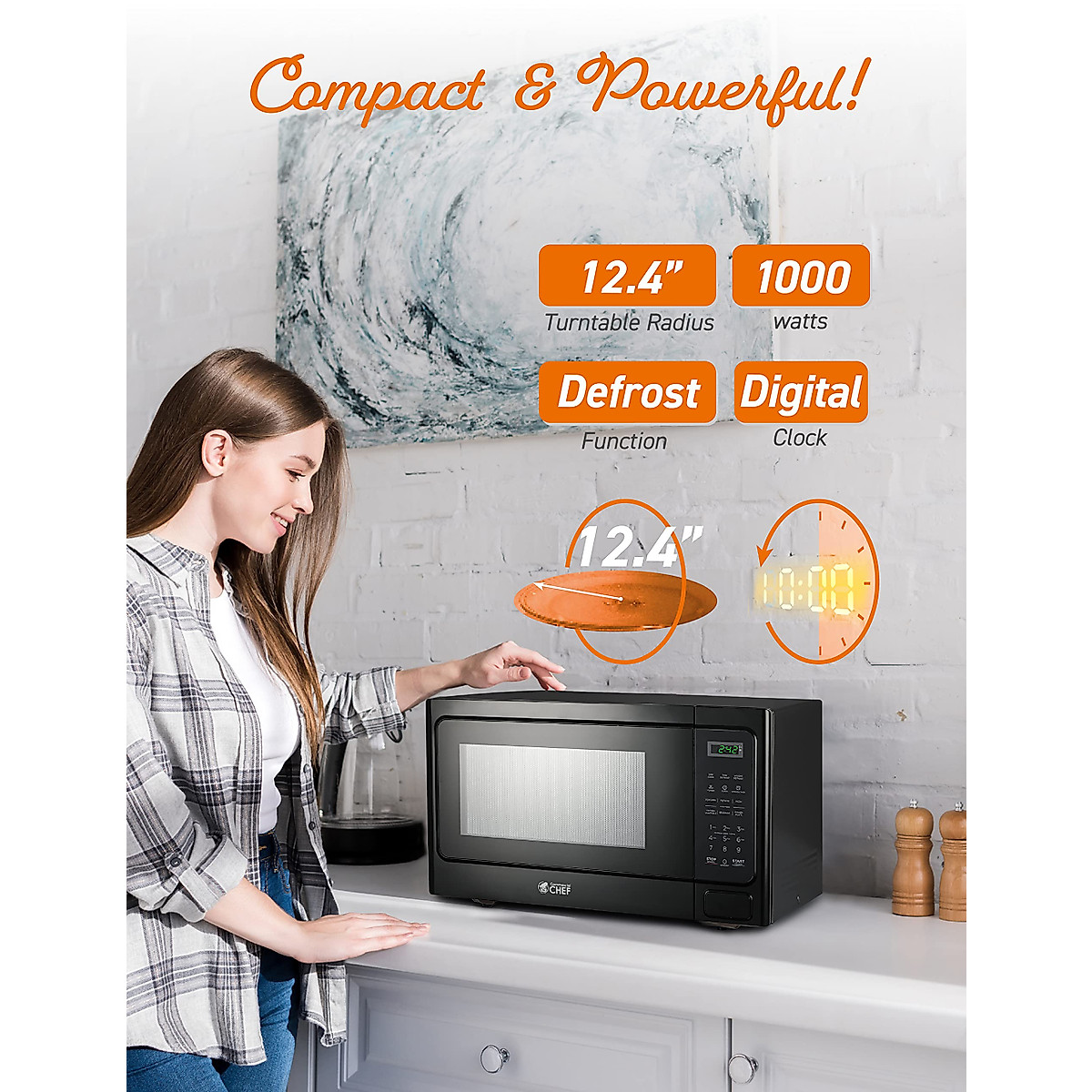 COMMERCIAL CHEF Microwave 1.3 Cu Ft with 10 Power Levels, Microwave with Push Button Door Lock, 1000W Countertop Microwave with Timer and Digital Controls, Black