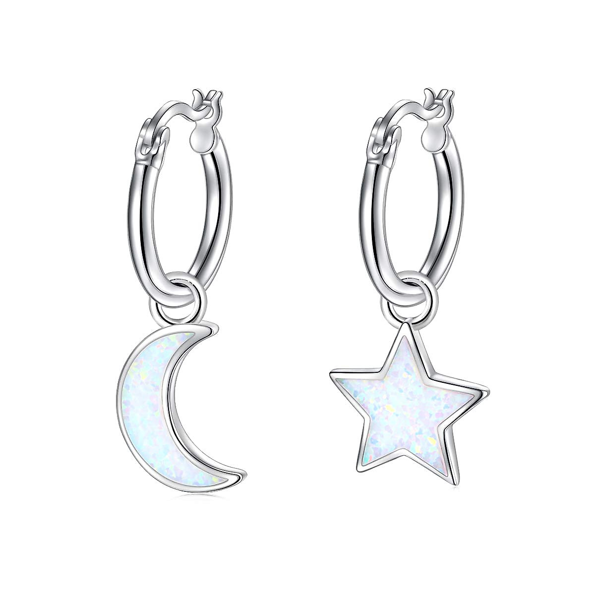 Star and Moon Friendship Earrings Created Opal Hoop Drop Dangle Earrings 925 Sterling Silver Star Moon Fans Best Valentines Day Birthday Gifts