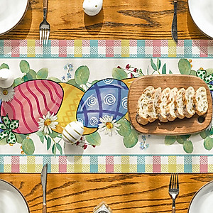 Artoid Mode Buffalo Plaid Daisy Egg Easter Table Runner, Seasonal Kitchen Dining Table Decoration for Indoor Home Party 13x72 Inch