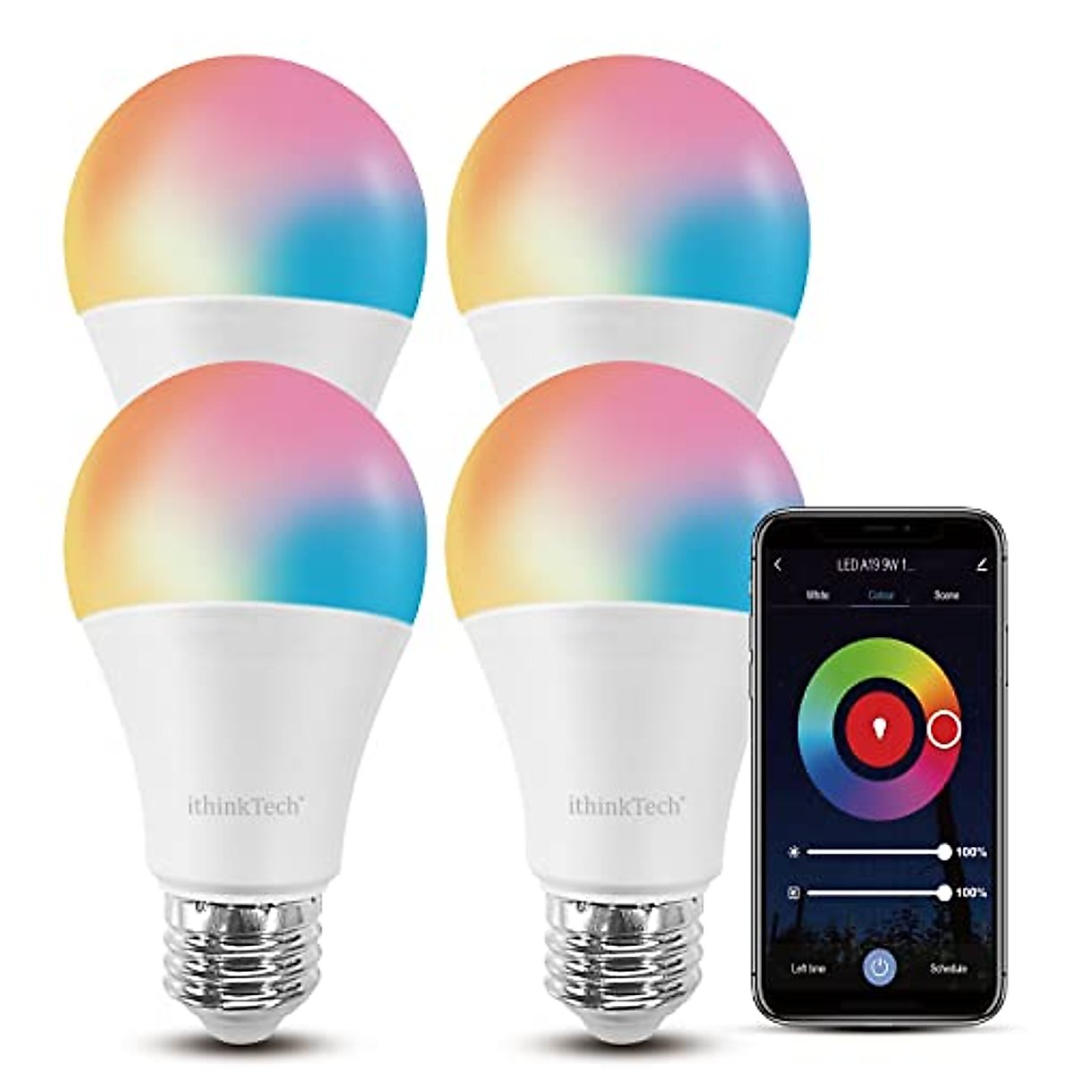 A19 Smart LED Light Bulbs 9W 800LM WiFi & Bluetooth, Compatible with Alexa & Google Assistant, RGB 2200K-6500K Dimmable Color Changing, Group Control, No Hub Required, 4 Pack