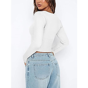REORIA Women's Sexy Trendy Crew Neck Cropped Sweater Fall Long Sleeve Ribbed Knit Pullover Slim Fit Casual Basic Crop Tops White Large