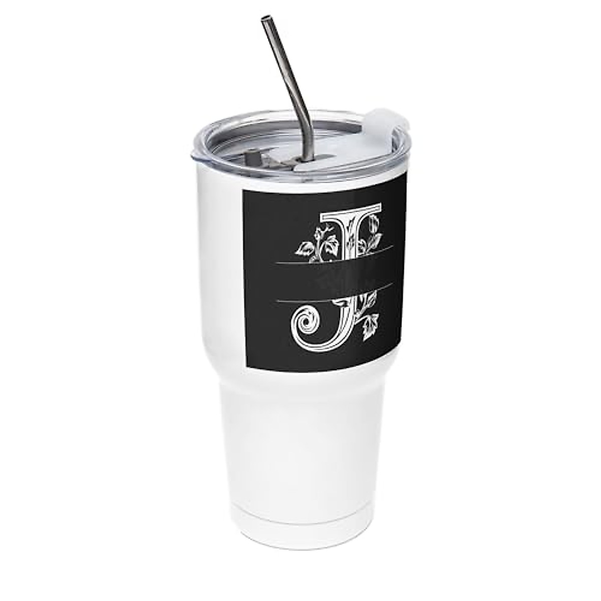 Monogram J Initial Name 30 oz Tumbler with Lid, Stainless Steel Travel Coffee Mug Water Bottle