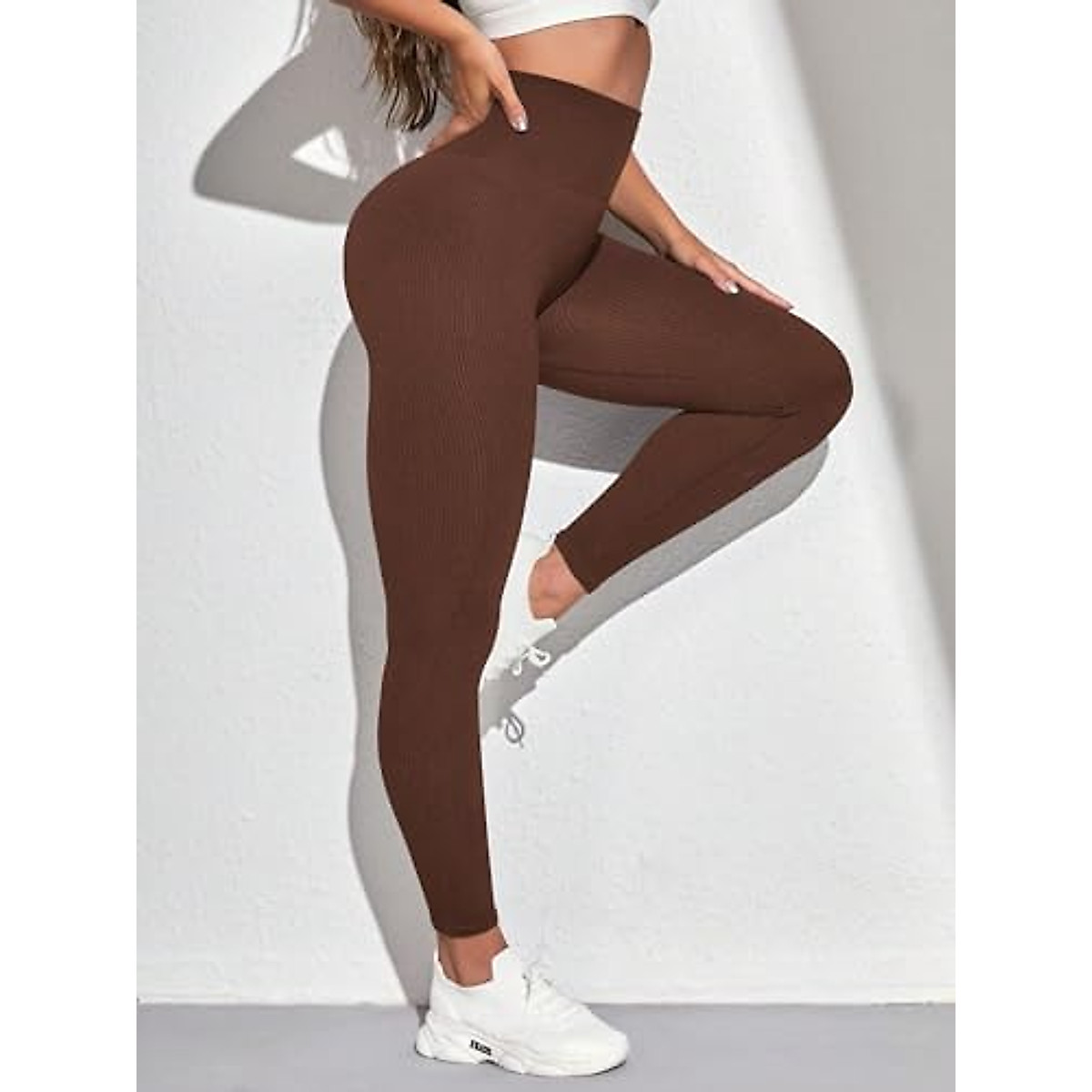 Workout Leggings for Women Tummy Control Ribbed Seamless Gym Leggings High Waist Compression Yoga Pants Black Brown