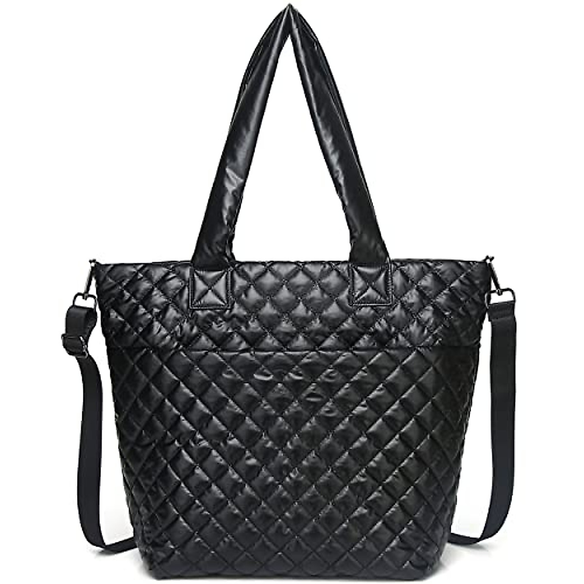 Hsitandy Quilted Tote Bag for Women,Weekender Bag,Light Nylon Quilted Crossbody Shoulder Bag for Travel,Work(Black)