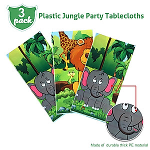 3 Pieces Jungle Animal Party Tablecloth Safari Animals Table Cover Plastic Zoo Jungle Safari Tablecloth for Kids Jungle Safari Theme Birthday Party Baby Shower Decorations and Supplies, 54 X 108 Inch