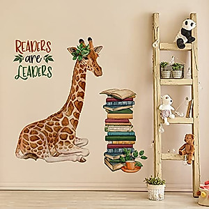 Mfault Giraffe Reading Corner Baby Boys Girls Wall Decals Stickers, Readers are Leaders Woodland Animals Read Books Nursery Playroom Decorations Bedroom Classroom Art, Kids Library Toddler Room Decor
