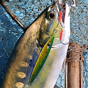 Gefischtter 5pcs Fishing Jigs Vertical Saltwater Jigs Metal Jigging Spoon Lure Slow Jigging Pitching Artificial Deep Sea Glow Lead Jigs with Assist Hooks for Tuna,Bass,Dogtooth,Grouper/80g