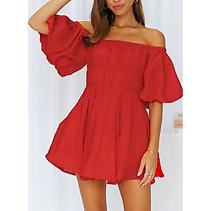 Dokotoo Summer Dresses for Women 2023 Fashion Lantern Sleeve Off Shoulder Dresses for Wedding Guest Ruffle Elastic Waist A-Line Casual Red Mini Dress X-Large