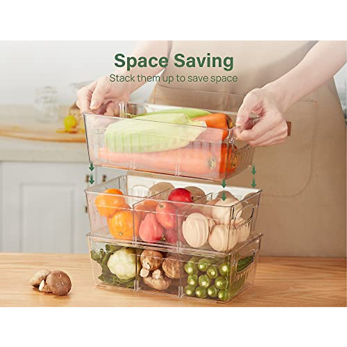Kootek 4 Pack Clear Pantry Organization and Storage Bins, Freezer Organizer Bins Stackable Food Storage Organizer Bins with Handles Removable Dividers for Kitchen, Refrigerator, Cabinet