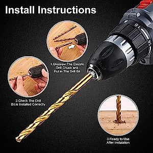 UBESTHS Titanium Twist Drill Bit Set, 10 Pcs 1/8" Hex Shank Drill Bits High Speed Steel for Wood, Plastic, Aluminum Alloy, Metal, Quick Change