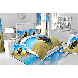 Feelyou Cute Buffalo Bedding Set Wild American Bison Duvet Cover King Size Bedroom Decor Ranch North American 3D Wild Animal Comforter Cover Set Blue Bedspread Cover with 2 Pillow Case(No Comforter)