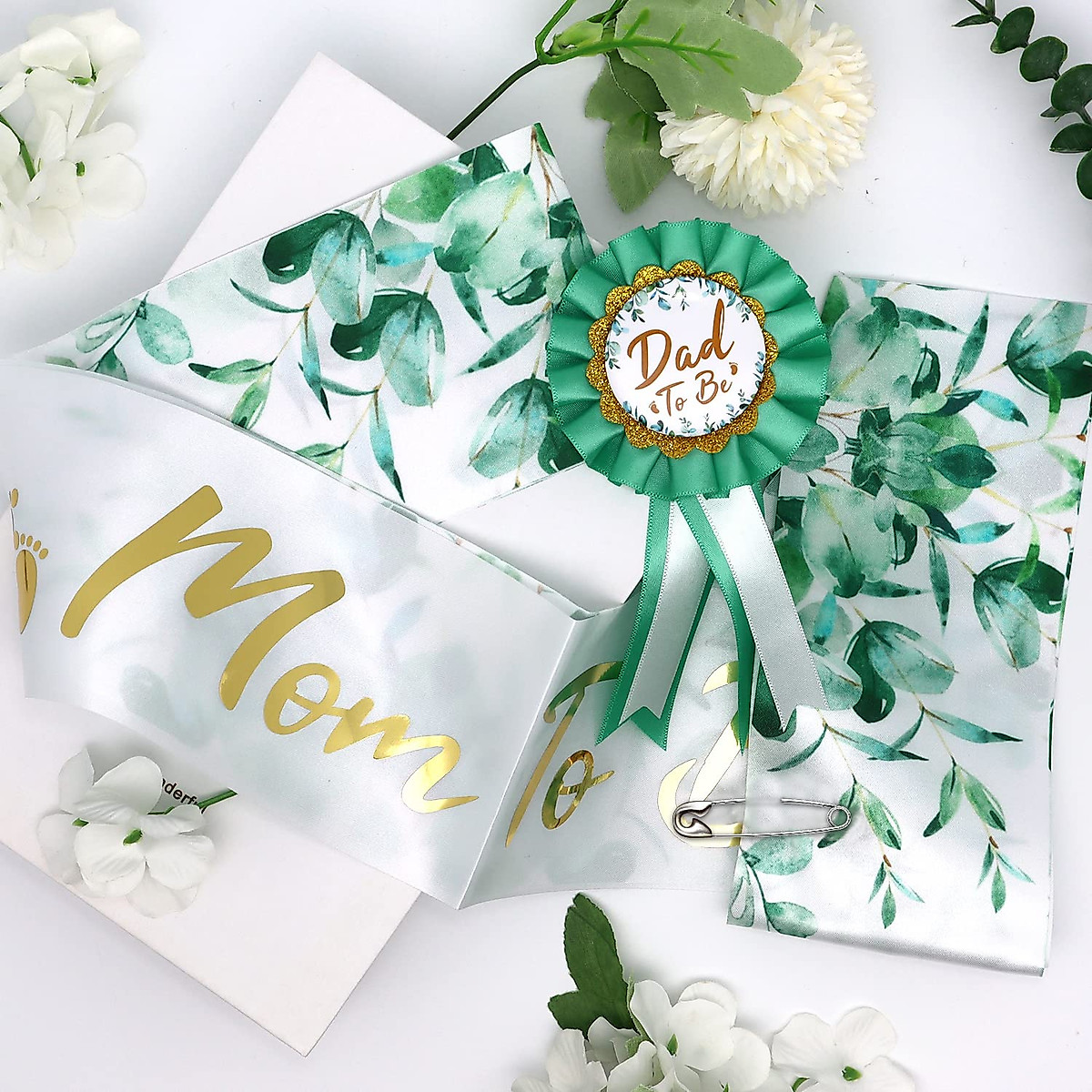 Neutral Sage Green Mom to Be Sash Baby Shower Dad To Be Pin, Gold Glitter Letters Eucalyptus Leaves Greenery Satin Sash Corsage for Pregnant Mommy Gift Party Decorations
