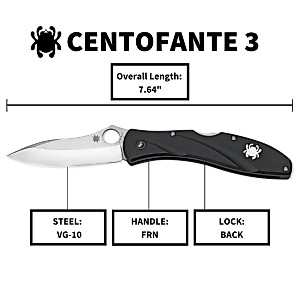 Spyderco CENTOFANTE 3 Prestige Folding Utility Pocket Knife with 3.14" VG-10 Stainless Steel Hollow Ground Blade and Lightweight FRN Handle - PlainEdge - C66PBK3