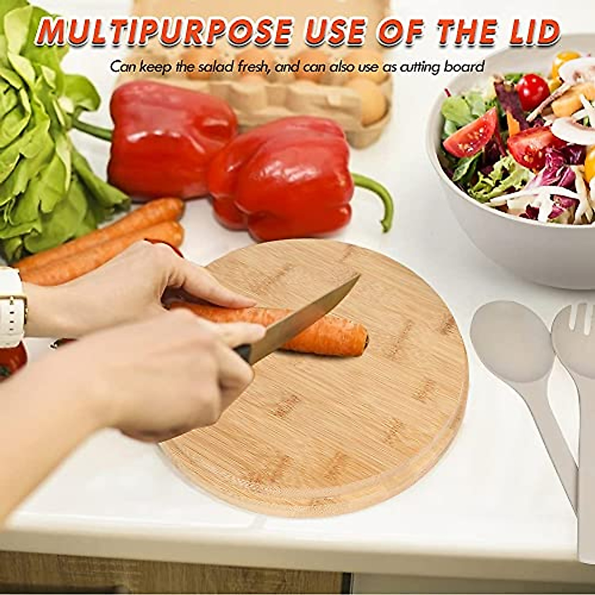 Large Salad Bowl with Lid, Bamboo Fiber Salad Serving Bowl Set with Utensils, 9.8inches Mixing Bowl with Servers, Solid Bamboo Wooden Bowl for Salad, Fruits, Vegetables and Pasta(White)